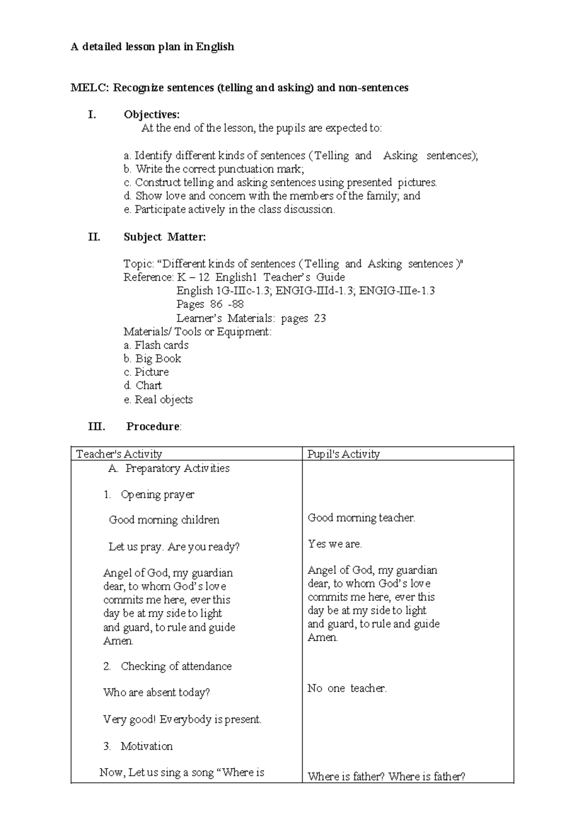 DLP English: Lesson Plan on Telling and Asking Sentences - Studocu