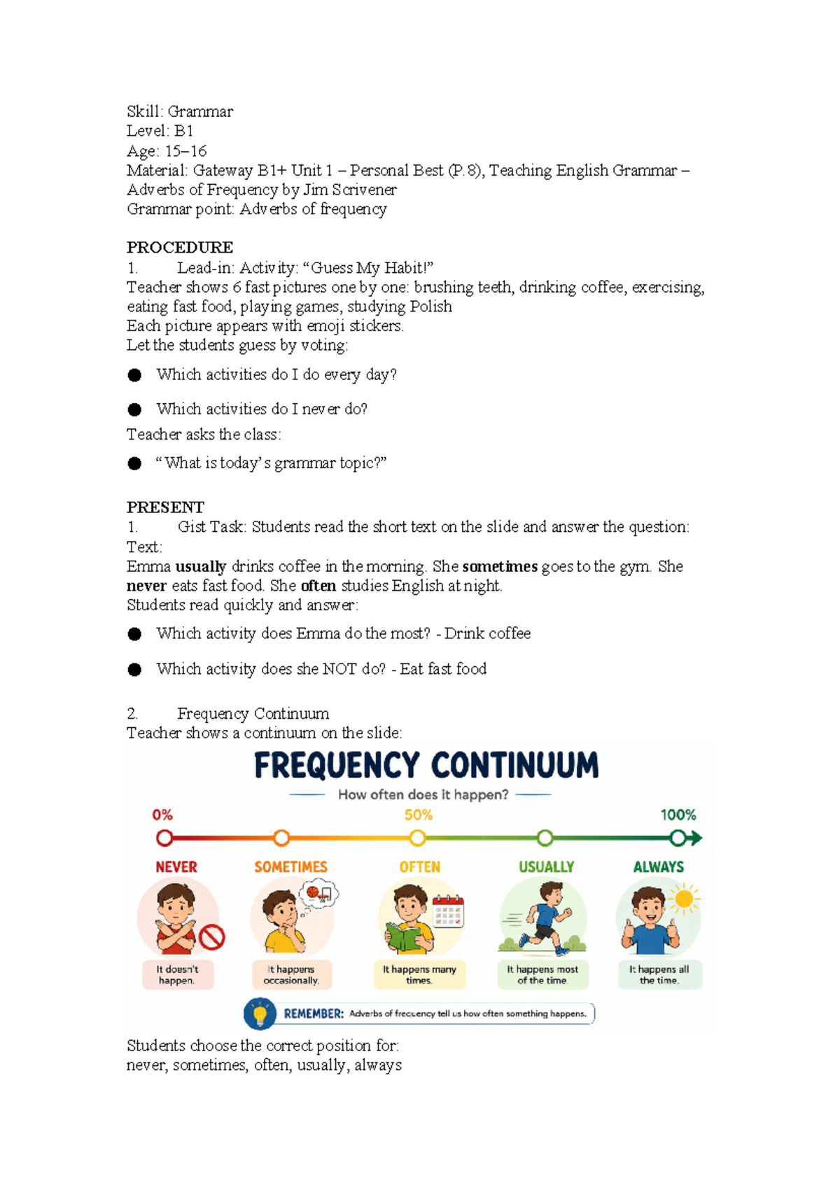 Grammar Gateway B1+: Adverbs of Frequency Lesson Plan - Studocu