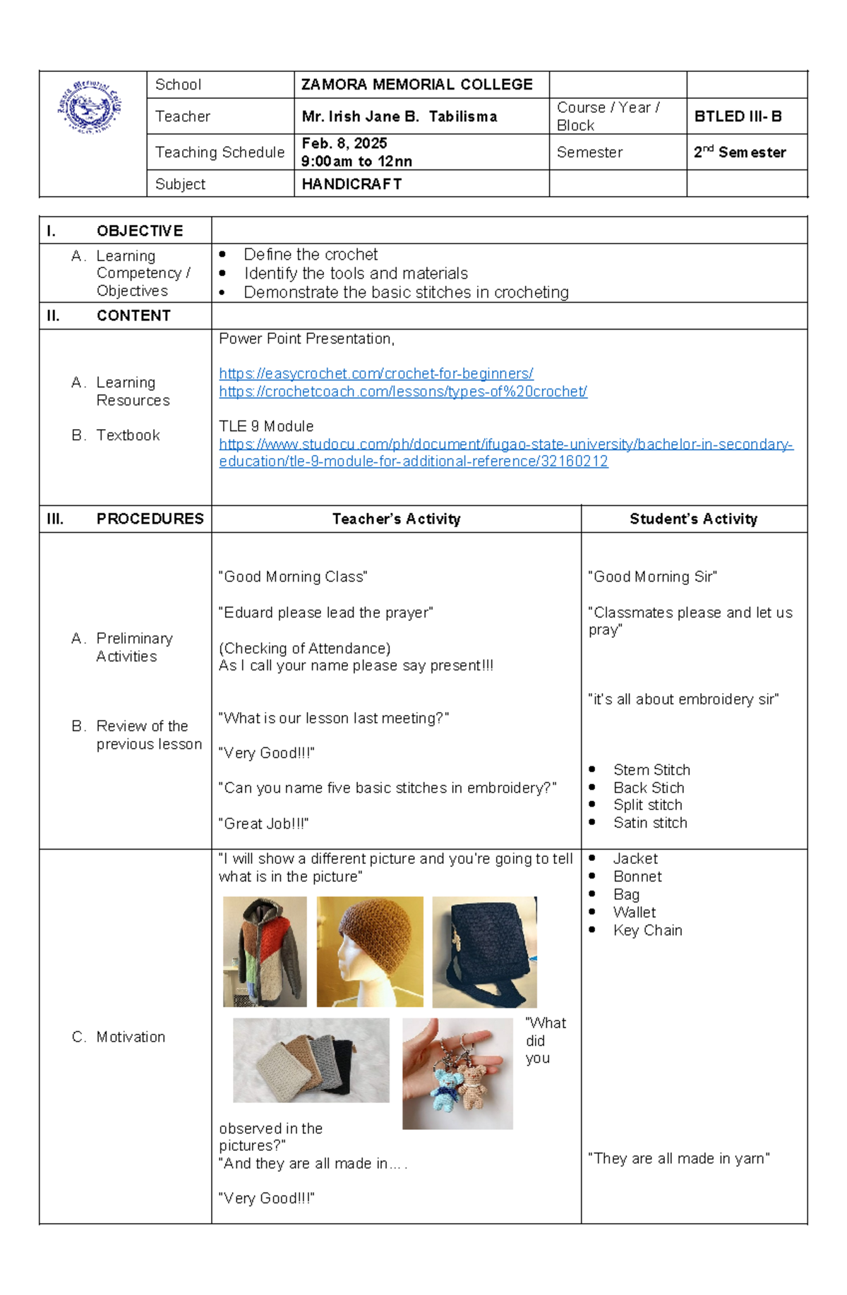 Crochet%20Dlp - lesson plan - School ZAMORA MEMORIAL COLLEGE Teacher Mr ...