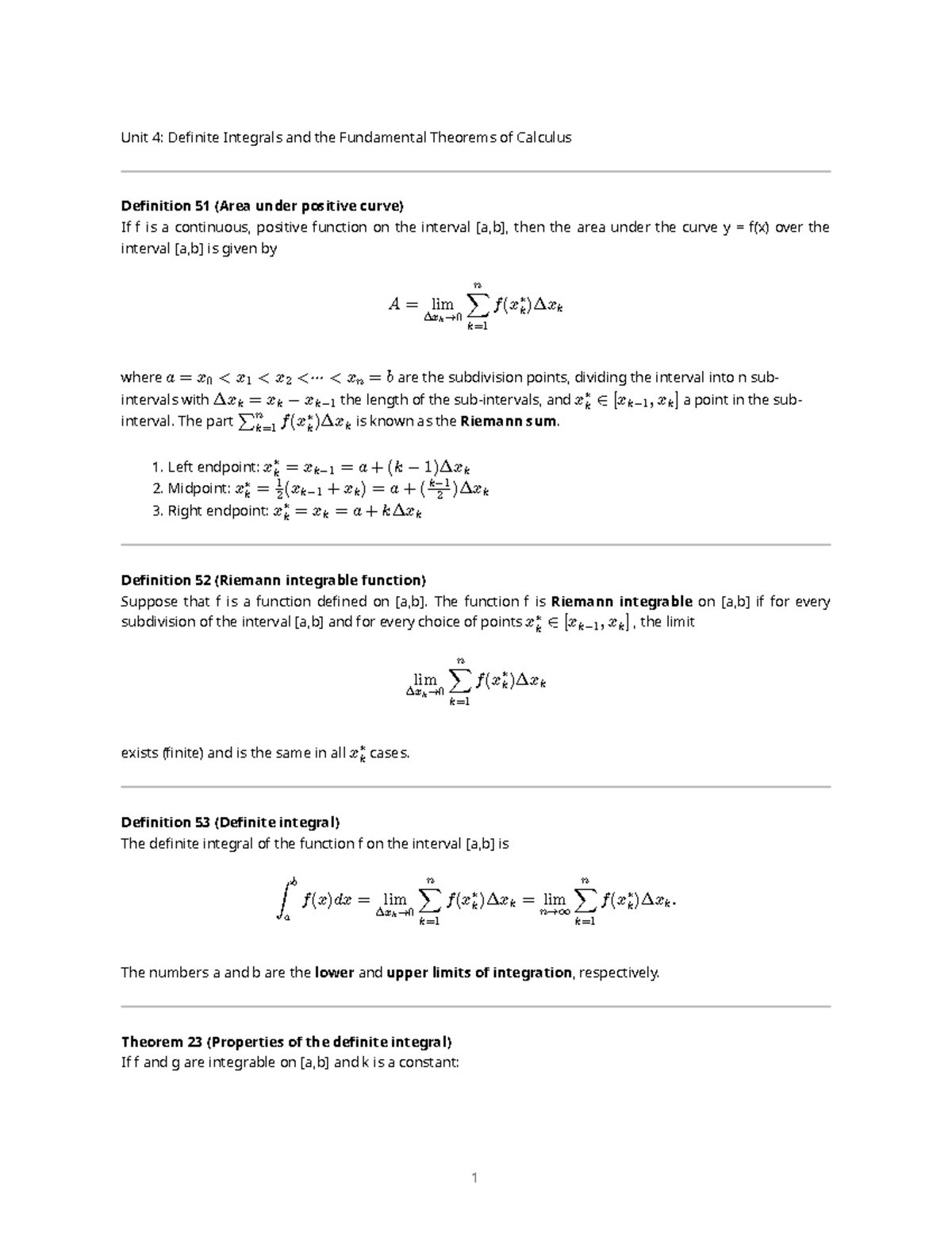Unit 4: Definite Integrals & Fundamental Theorems of Calculus - Studocu