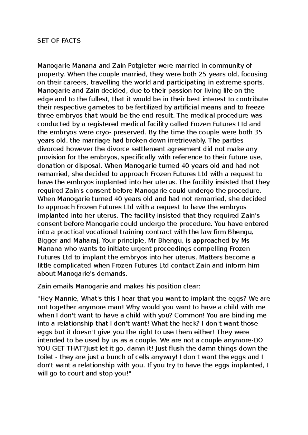 Legal Opinion on Embryo Rights and Consent in WIL Assignment - Studocu