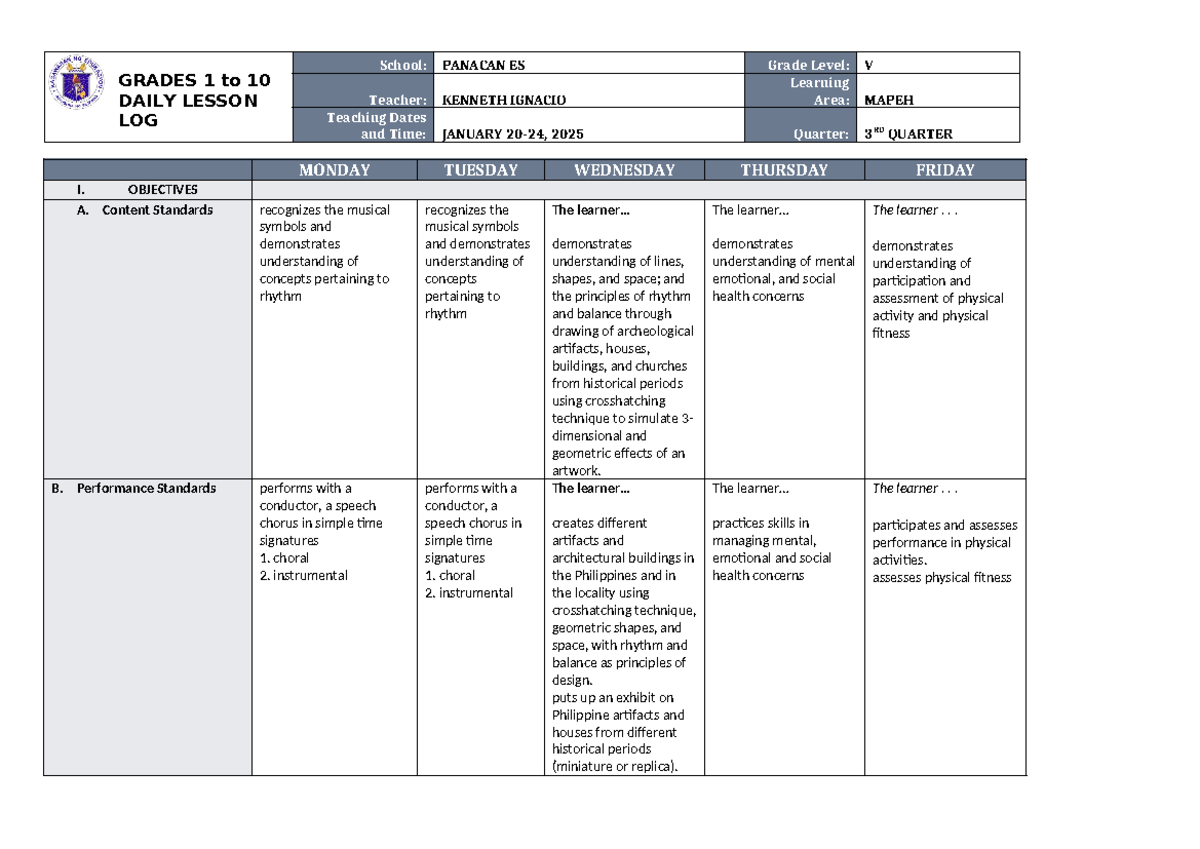 DLL Mapeh 5 Q1 W4 - dll - GRADES 1 to 10 DAILY LESSON LOG School: PANACAN ES Grade Level: V ...