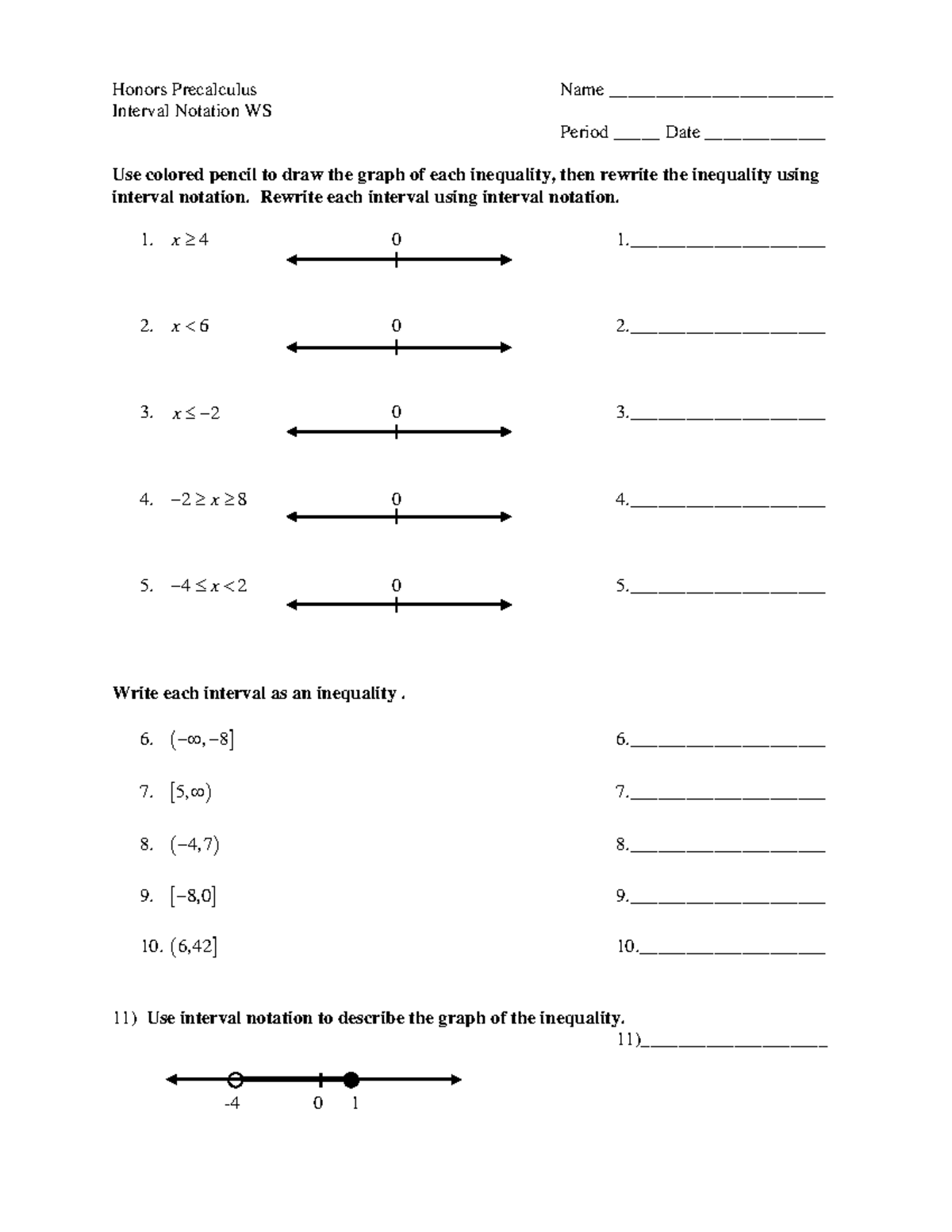 Interval Notation WS - this is for students - Honors Precalculus Name