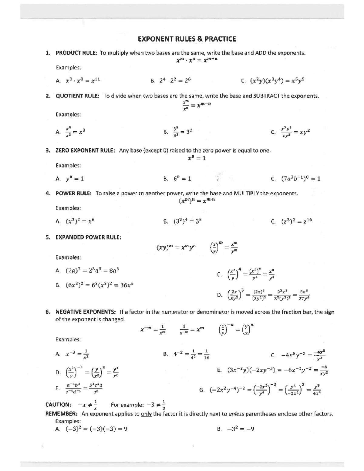 Exponents Practice: Rules & Examples for AK Course - Studocu