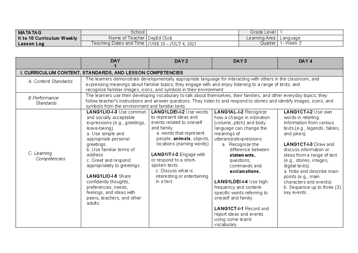 Language DLL 1 Q1 W3 - Weekly Lesson Log for Grade 1 Language - Studocu