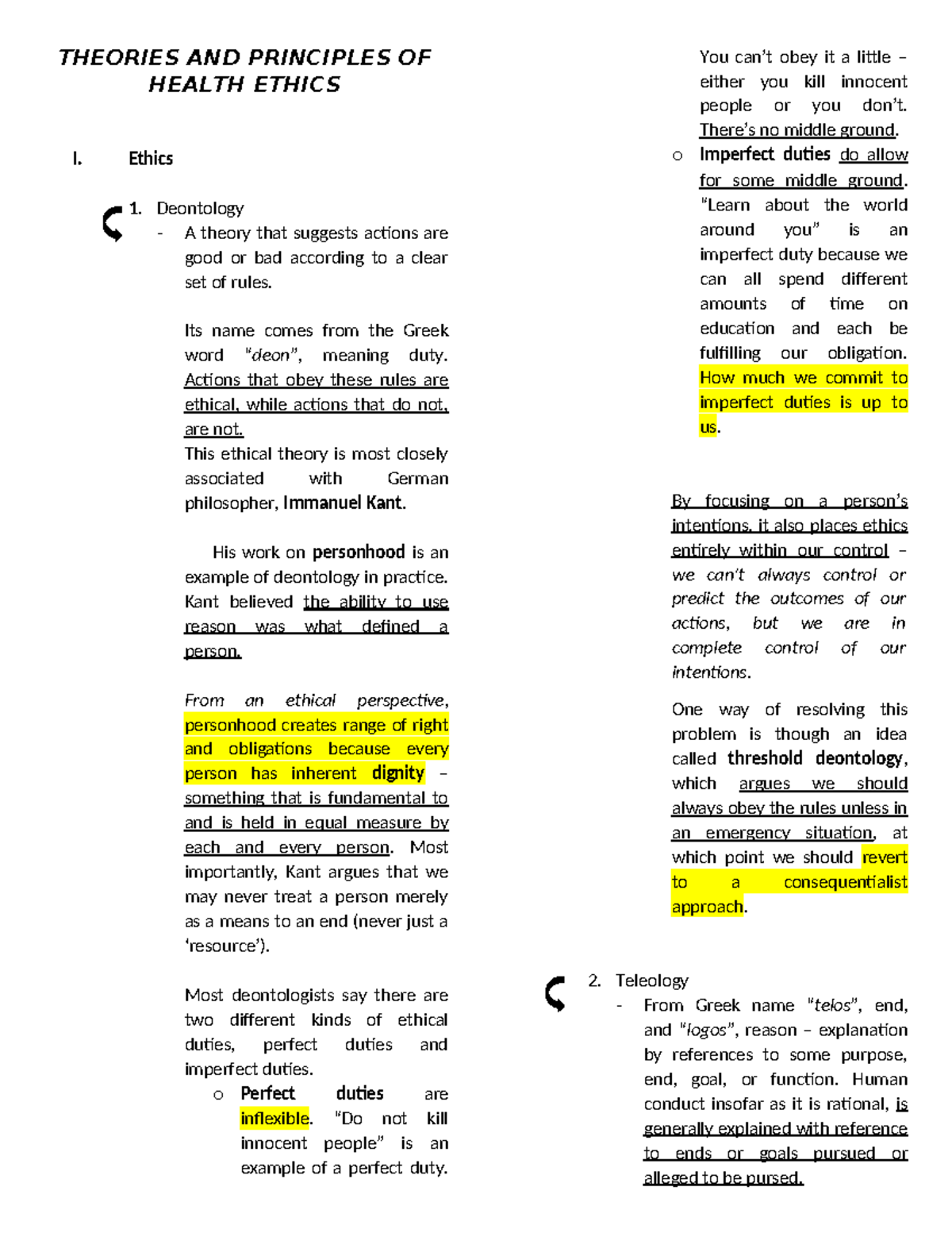 Health Ethics Theories: Deontology, Teleology, and Utilitarianism - Studocu