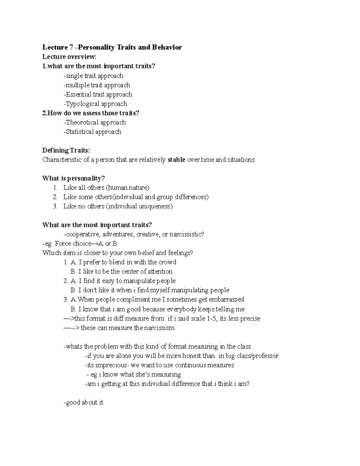 Lecture 7 - Personality Traits and Behavior Overview - Studocu