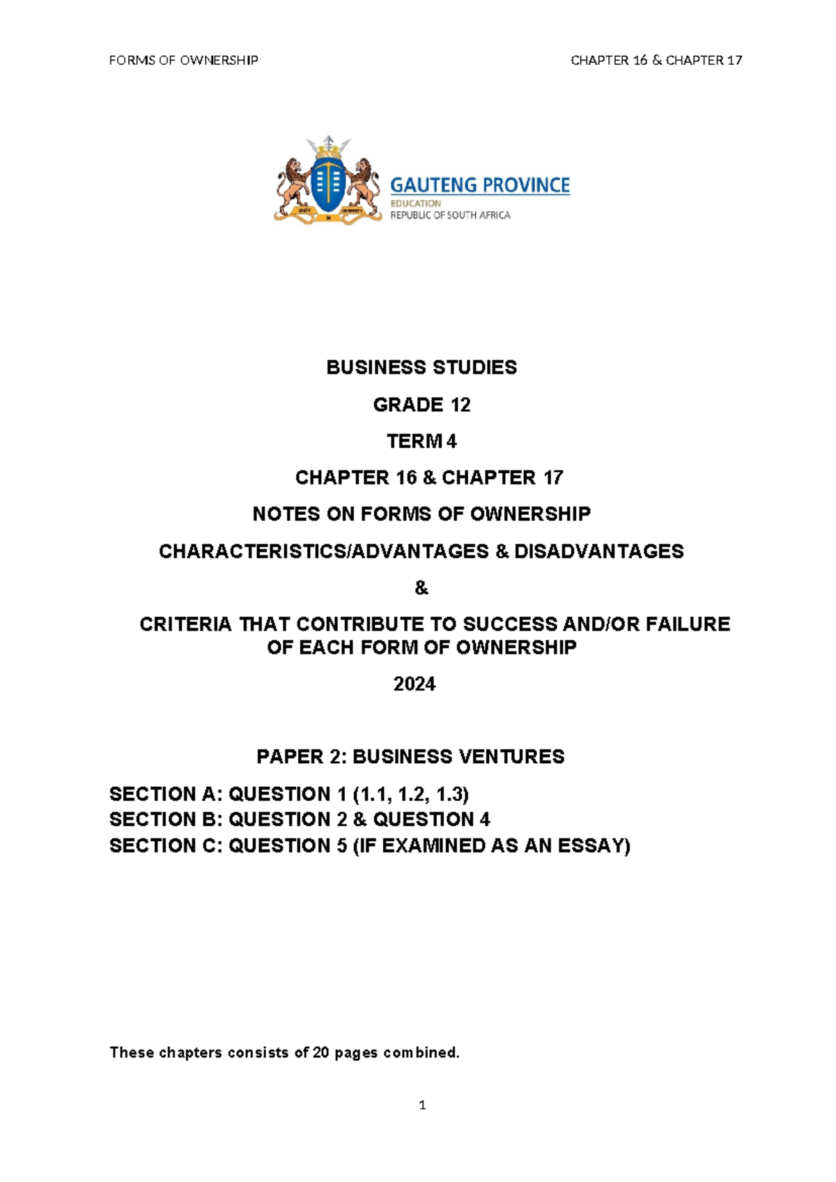 Chapter 16 & 17: Understanding Forms of Ownership in Business Studies ...