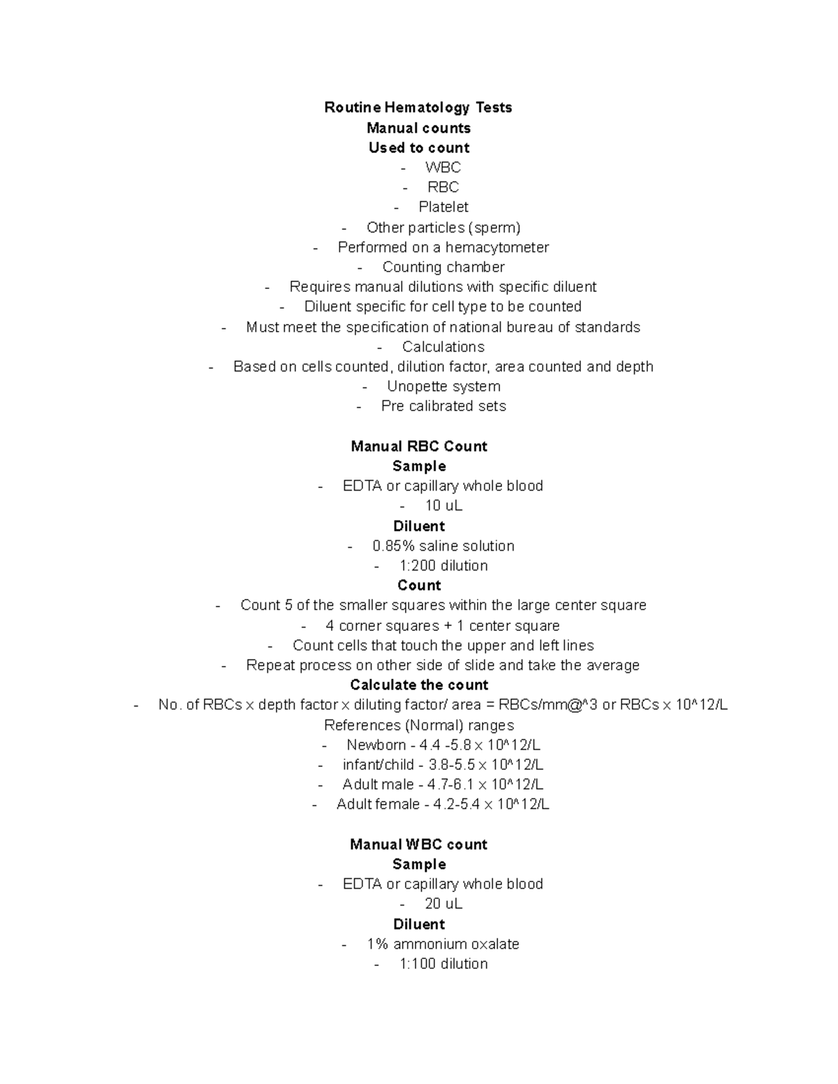Manual Hematology Tests & Basic Spectrophotometry Techniques - Studocu
