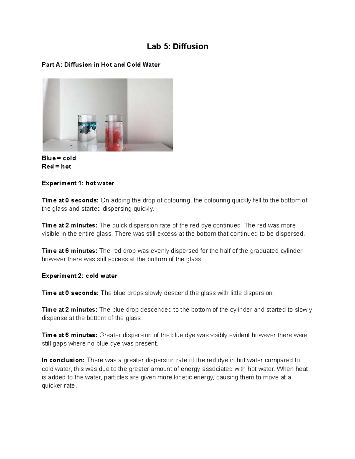 Lab 5: Diffusion Experiments in Hot and Cold Water - Studocu