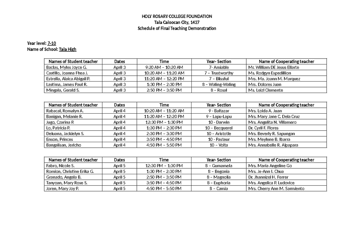 Final Teaching Demo Schedule for THS Year 7-10 Students - Studocu