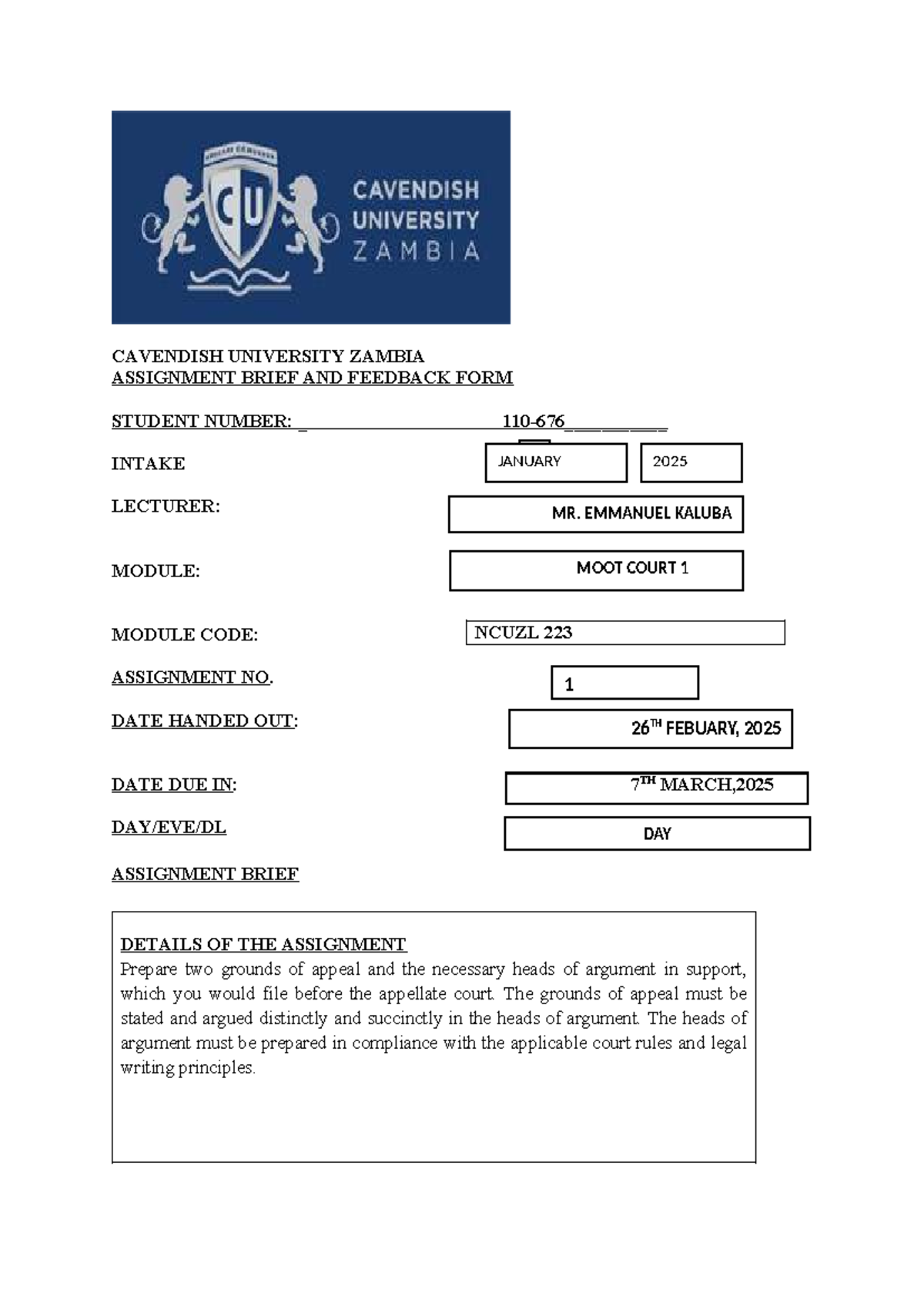 Cavendish University Zambia moot assignment - 1 26 TH FEBUARY, 2025 MOOT COURT 1 MR. EMMANUEL ...