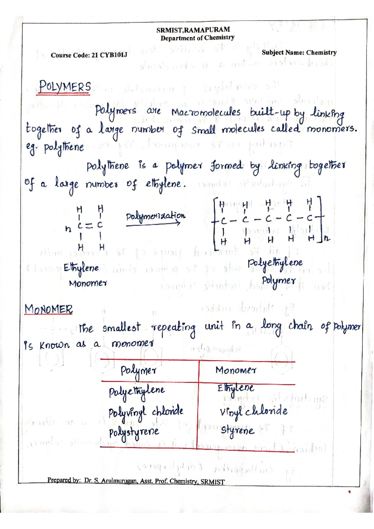 Unit 4 Polymer Chemistry Notes (Course Code: 21 CYB101J) - Studocu