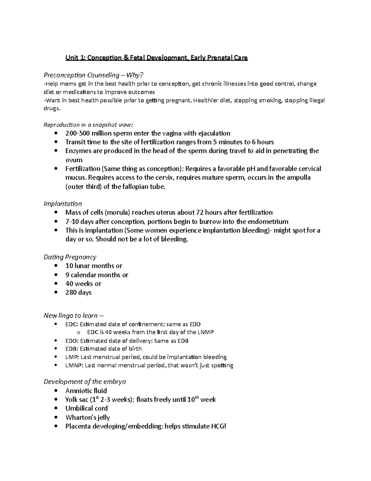 OB Module 1 Note Taking Guide - Unit 1: Conception & Fetal Development ...