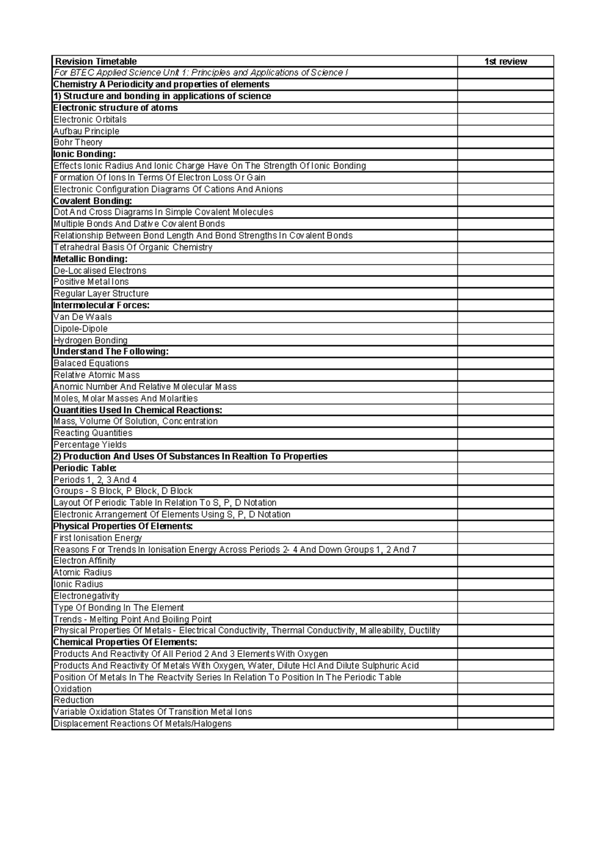 BTEC Applied Science Unit 1: Chem Revision Checklist & Timetable - Studocu