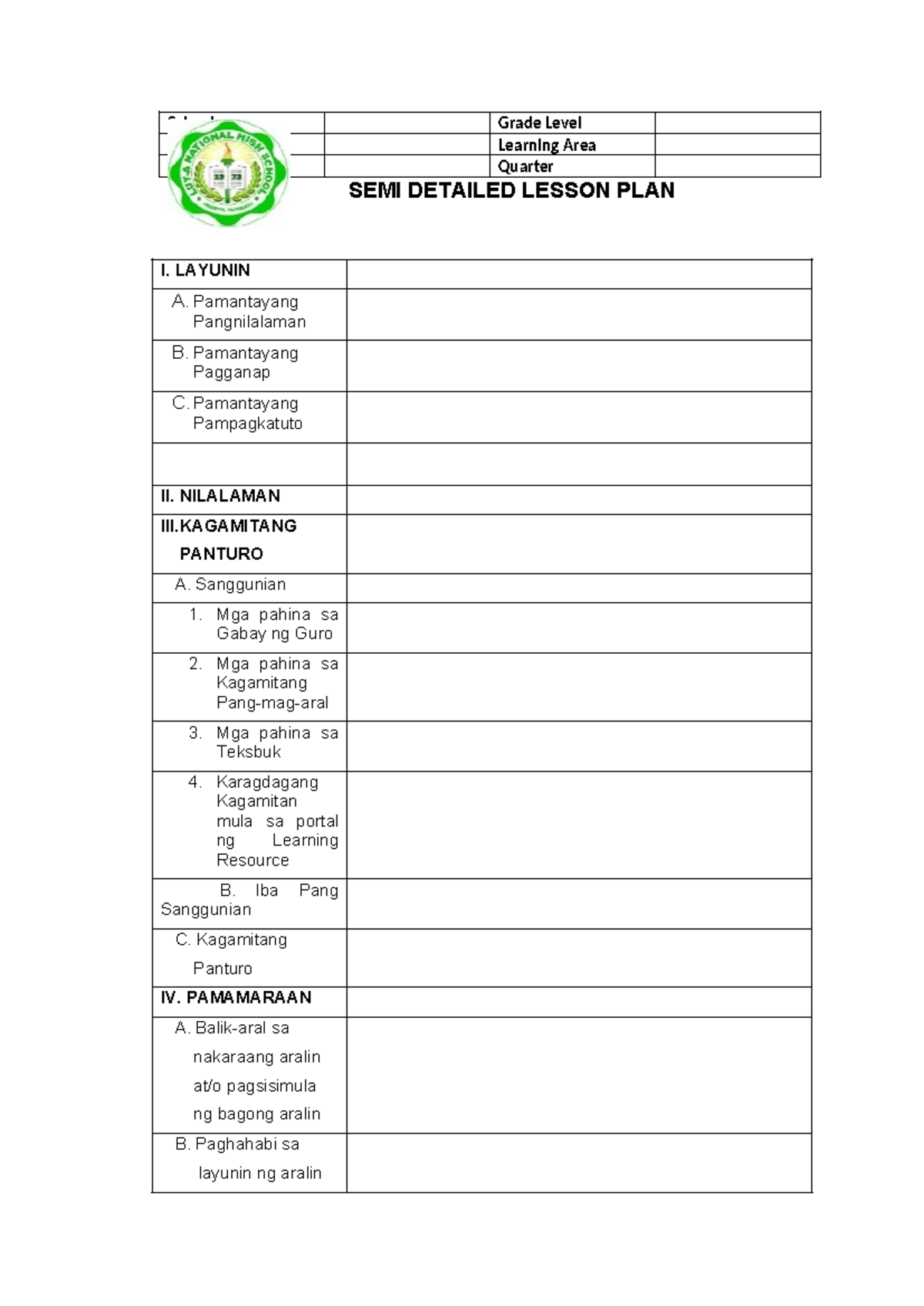 DLP 014731 - Semi Detailed Lesson Plan in Tagalog - Studocu
