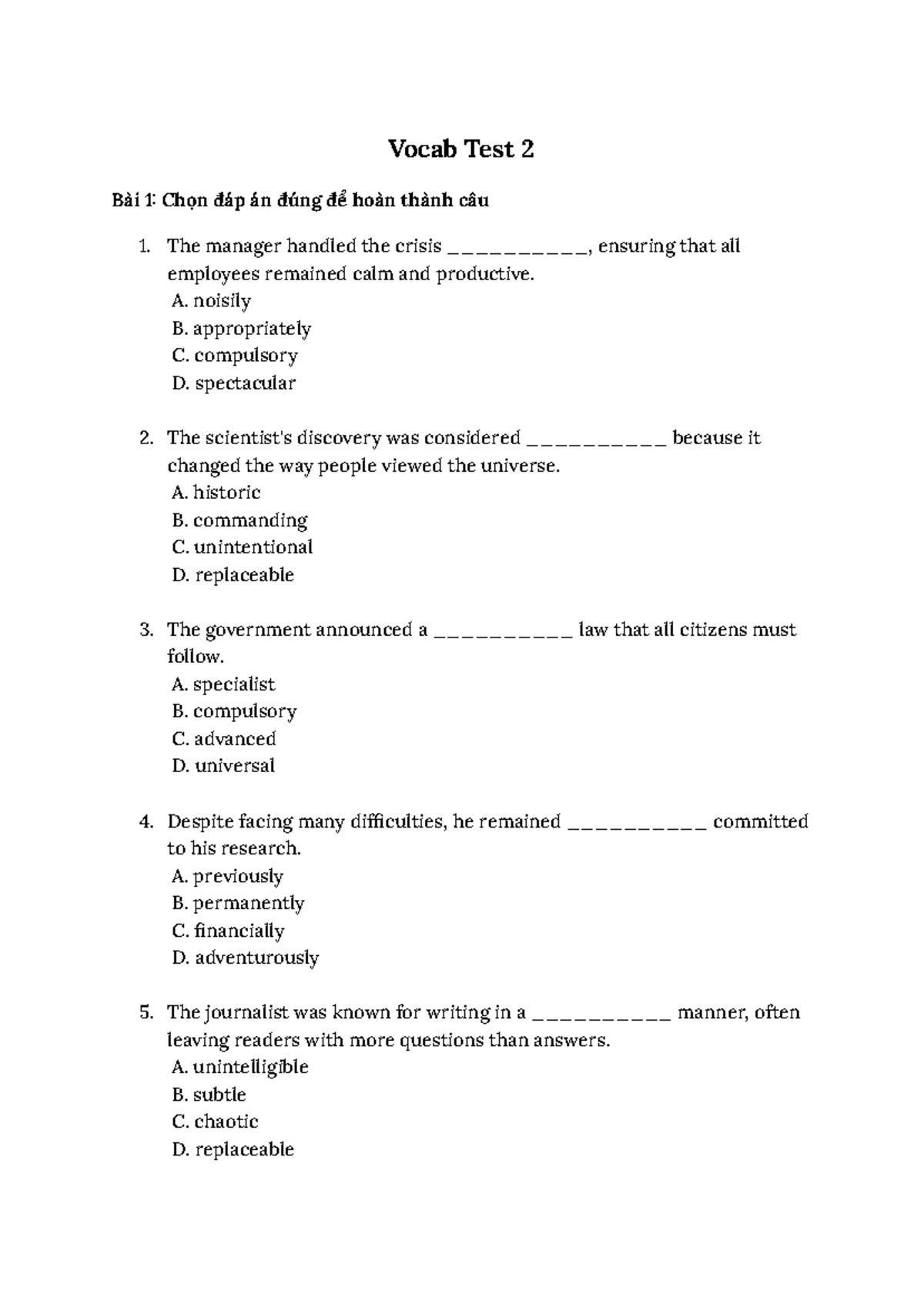 Vocab Test 2: Complete the Sentences with the Correct Answers - Studocu