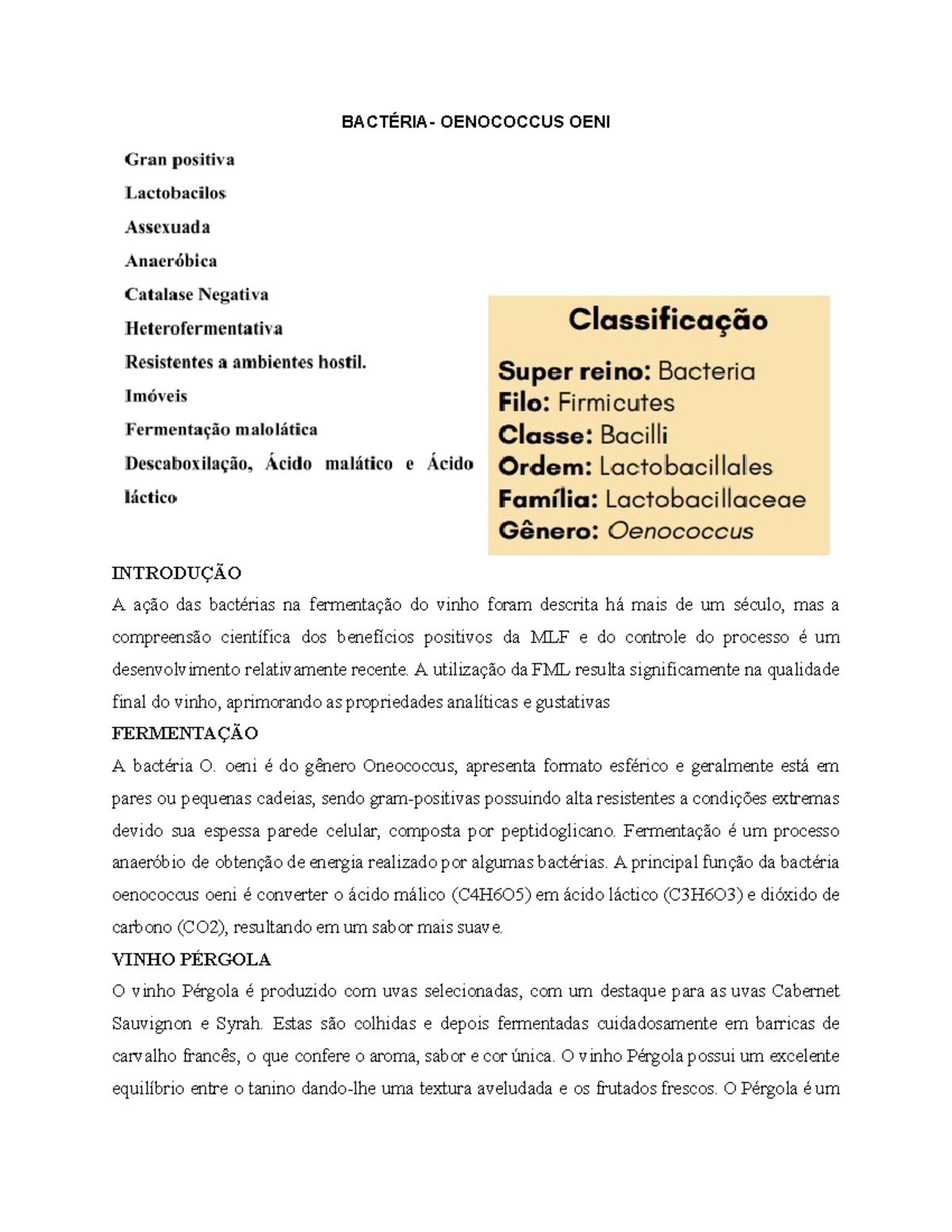 Oenococcus OENI e Sua Importância na Fermentação do Vinho - Studocu