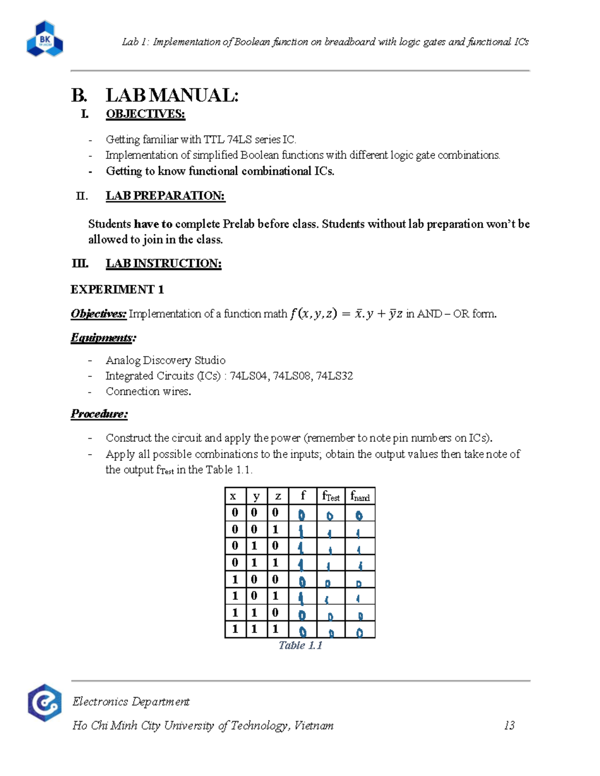 Lab 1: Boolean Function Implementation with Logic Gates and ICs - Studocu