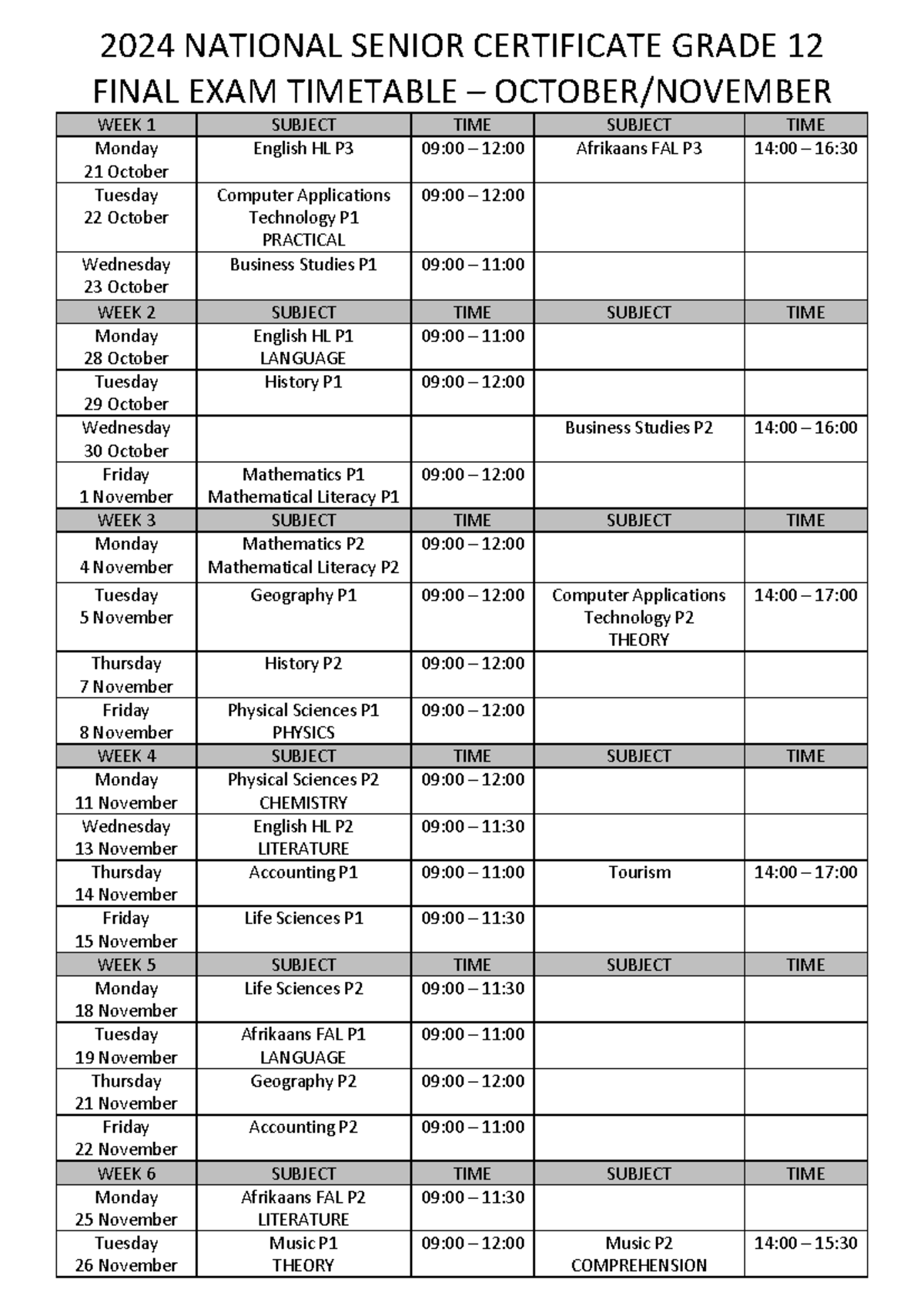 2024 NSC Grade 12 Final Exam Timetable - October/November - Studocu