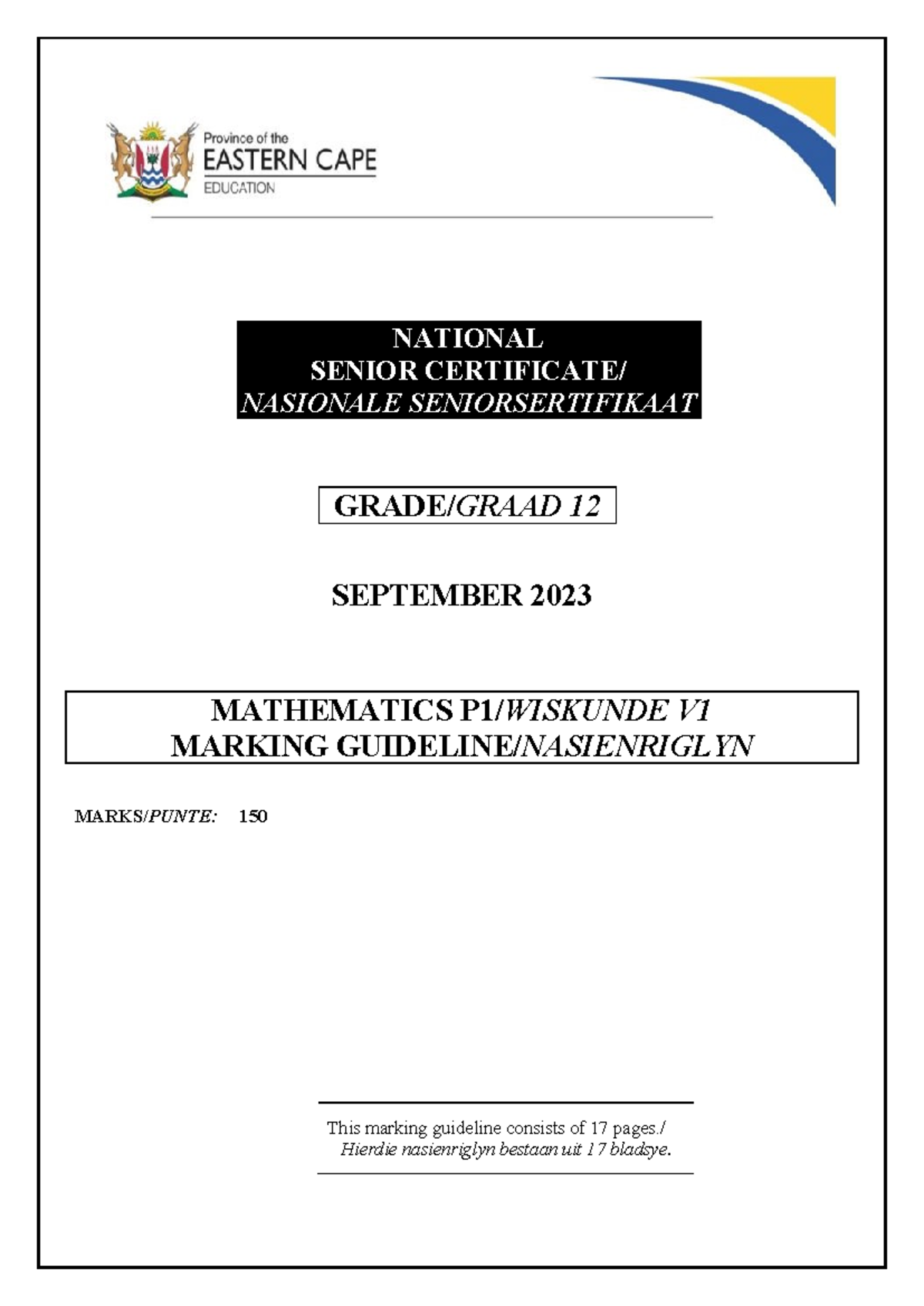 Maths P1 Gr12 Memo Sept 2023 - Marking Guidelines (English/Afrikaans ...