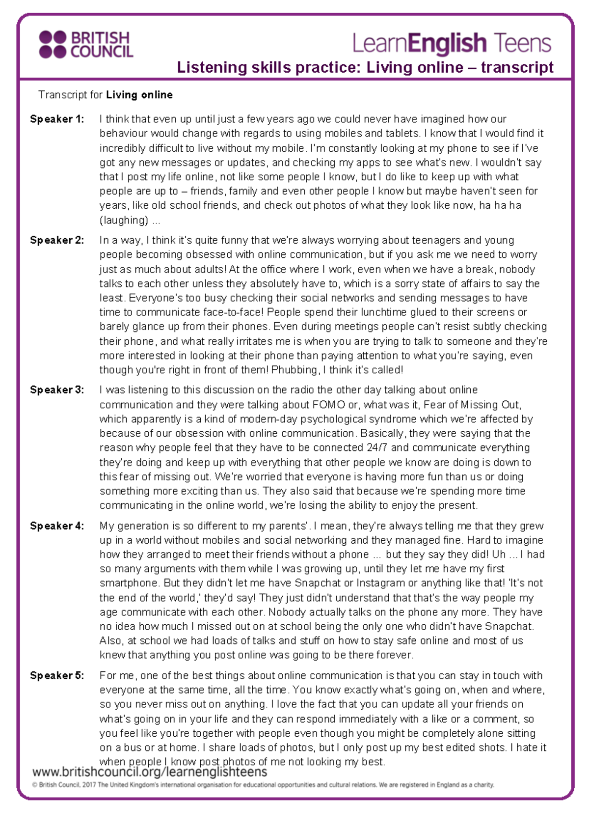 Listening Skills Practice: Living Online Transcript - Studocu
