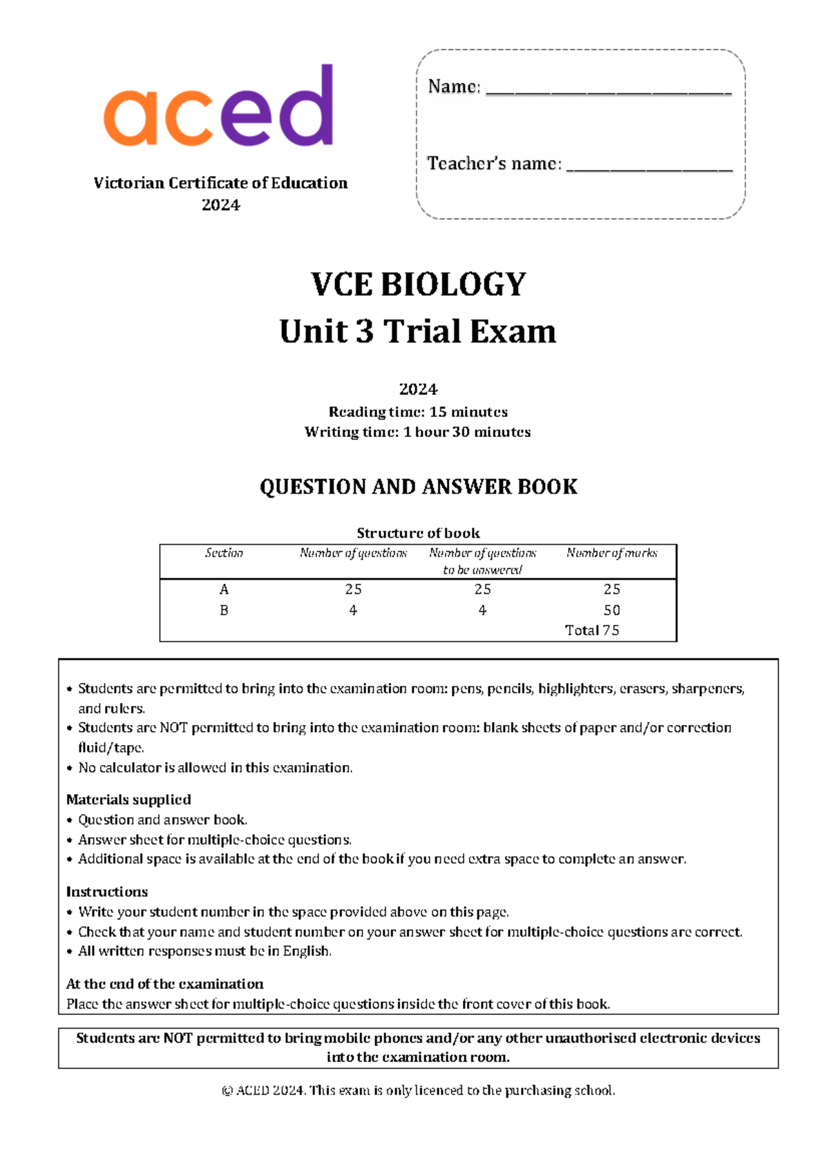 2024 ACED Unit 3 Biology Trial Exam Practice Questions - Studocu