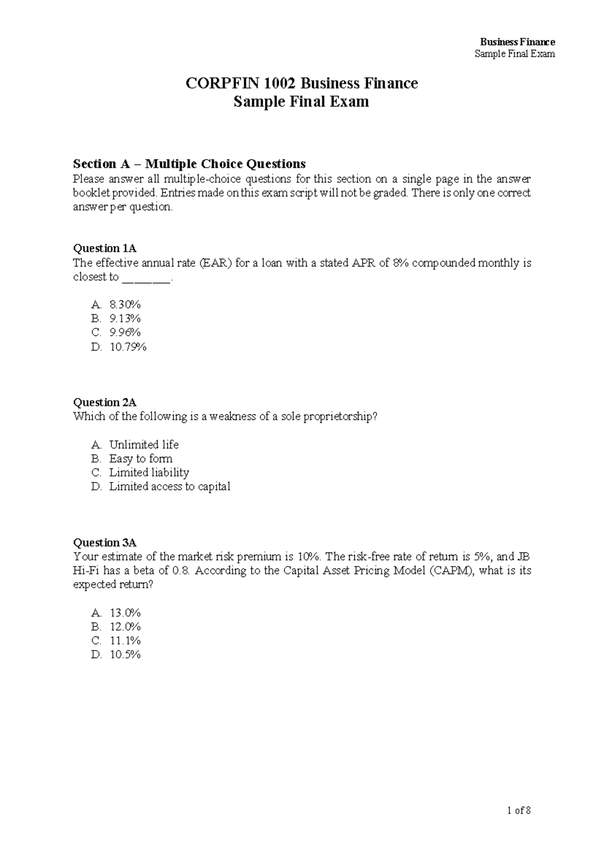 Business Finance Sample Final Exam CORPFIN 1002 S1 2026 - Studocu