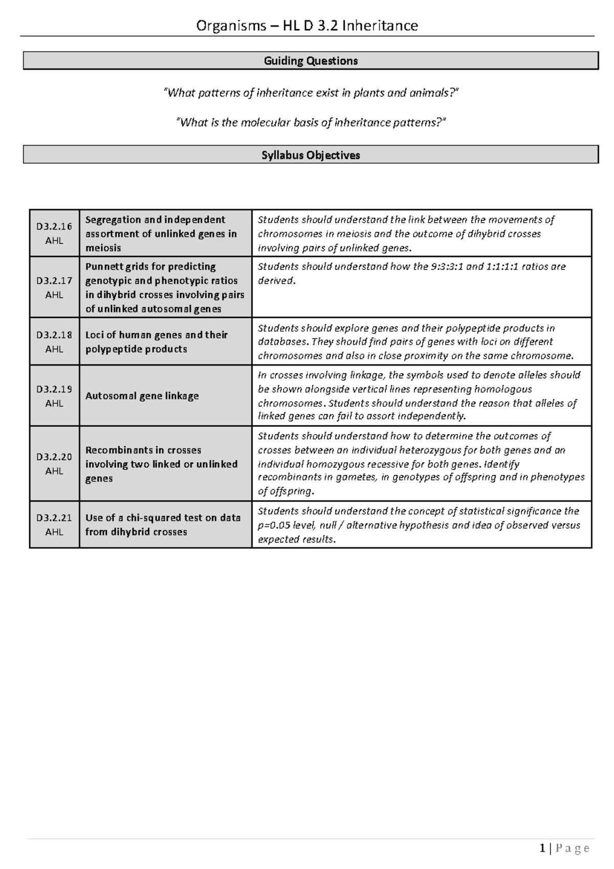 Inheritance Patterns in Organisms HL D 3.2: Key Concepts and Questions ...