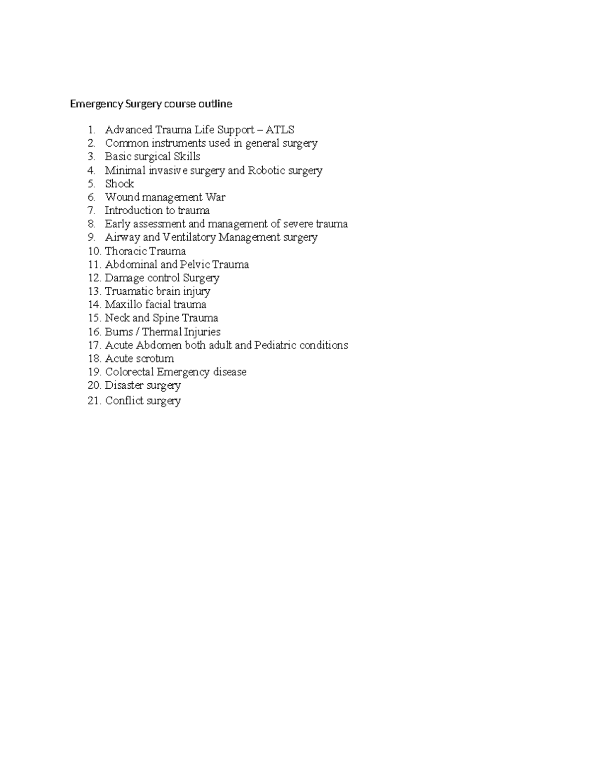Emergency Surgery Course Outline - Key Topics and Skills - Studocu