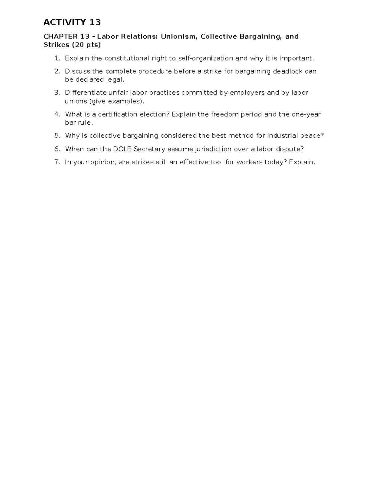 ACTIVITY 13: CHAPTER 13 Labor Relations & Collective Bargaining Notes ...