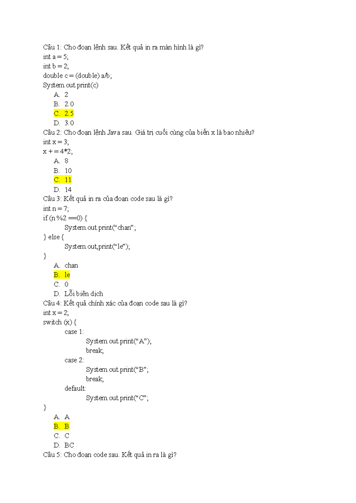 OOP - Đề thi trắc nghiệm Java: Kết quả đoạn code - Studocu