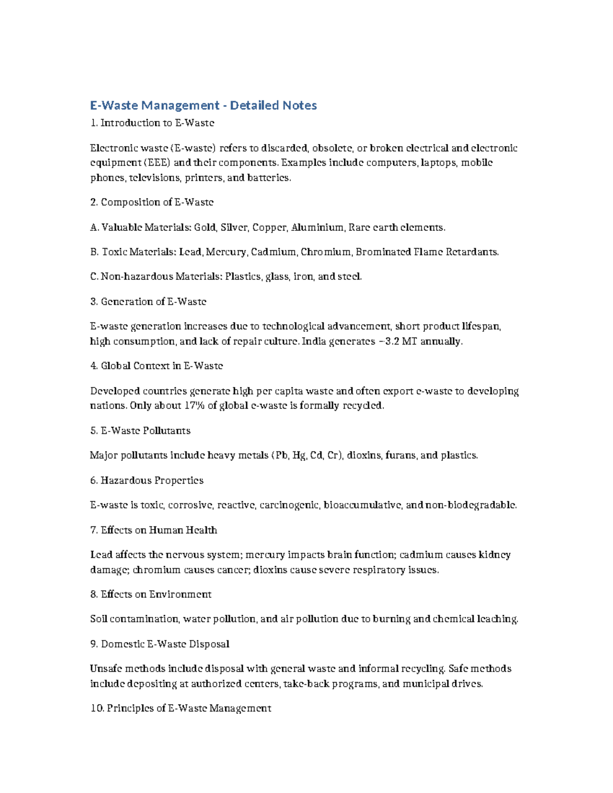 E-Waste Management Detailed Notes: Key Concepts and Impacts - Studocu