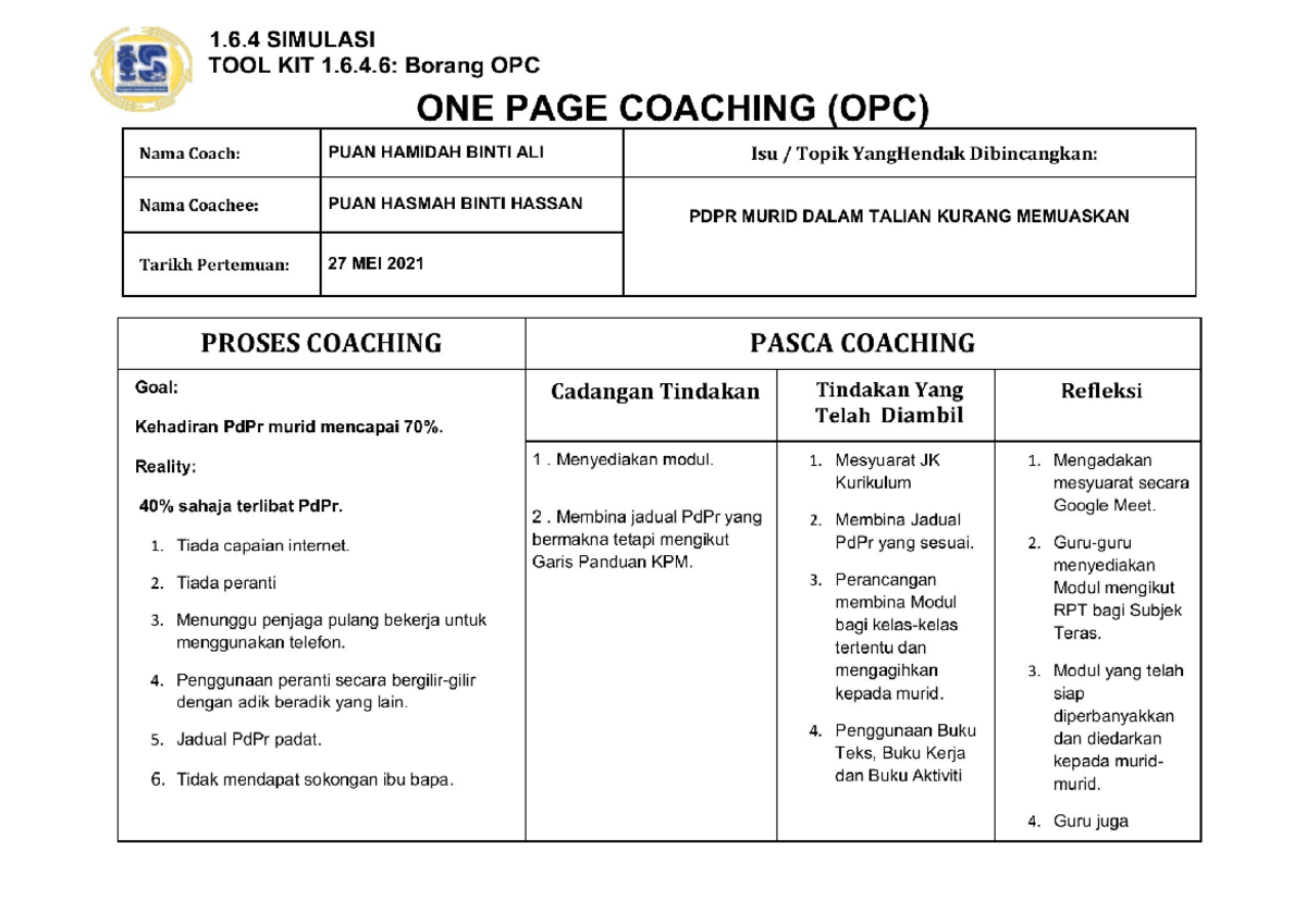 PANDUAN ONE PAGE COACHING (OPC) UNTUK MURID PDPR - Studocu