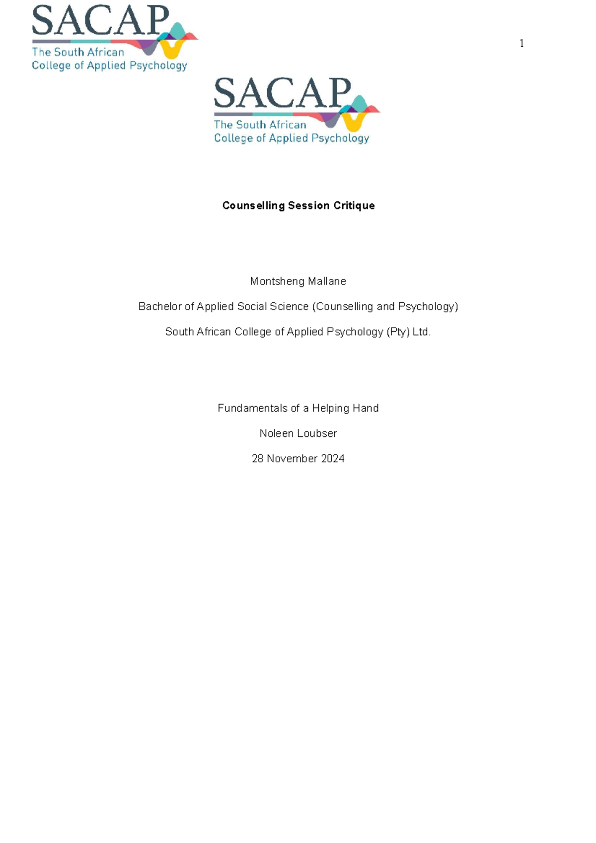 FHR Counselling Skills Session Critique Assessment Report - Studocu
