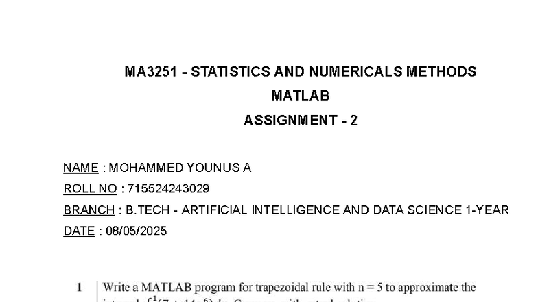 MA3251 MATLAB ASSIGNMENT 2: STATISTICS & NUMERICAL METHODS - Studocu