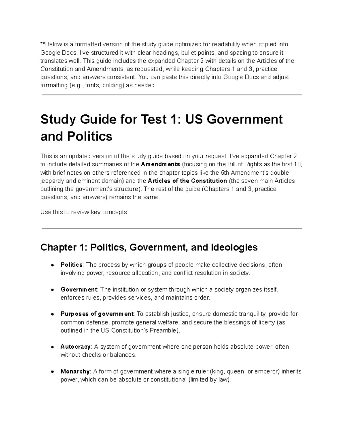Study Guide for Test 1: US Gov 101 - Constitution & Amendments - Studocu
