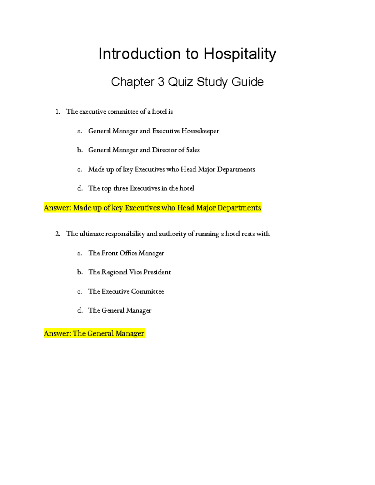 Chapter 3 Quiz Study Guide - Introduction to Hospitality Chapter 3 Quiz ...