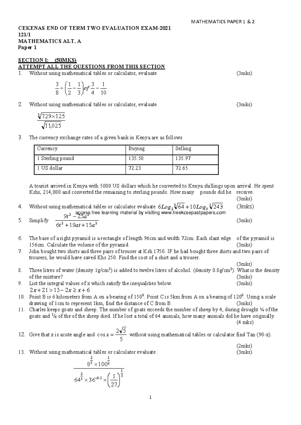 Mathematics (121) Form 1 - End Term 1 Examination Question Paper - Studocu