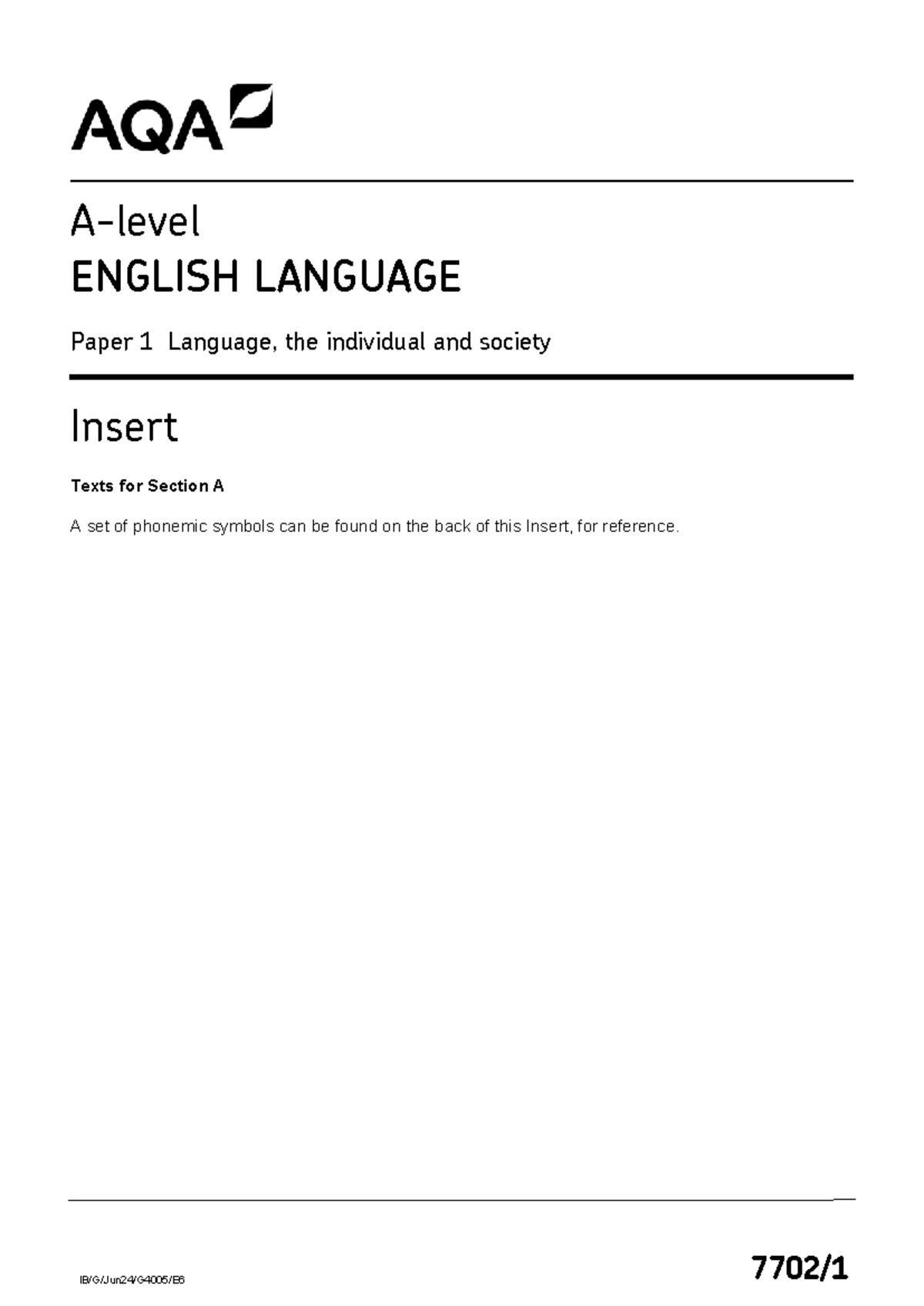 7702 1 INS A-Level English Language Exam Insert (23 May 2024 PM) - Studocu
