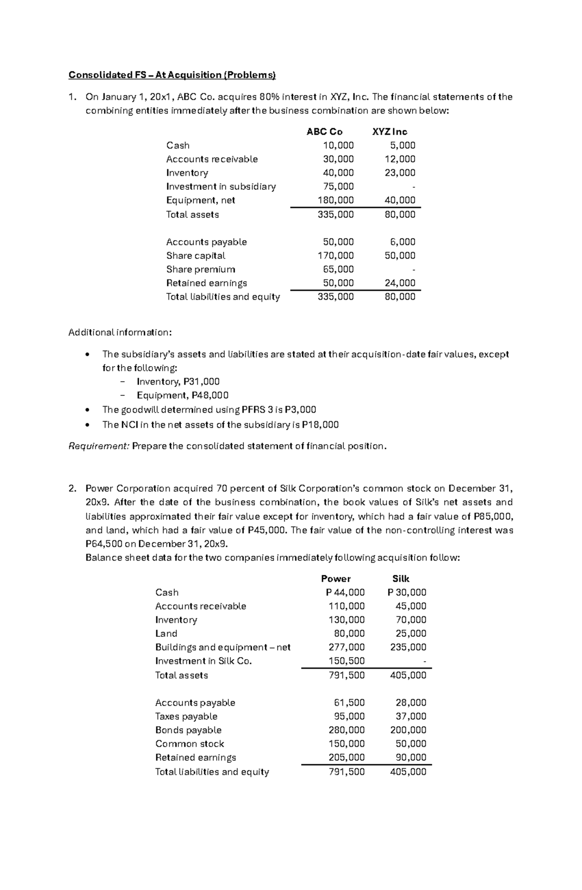 Consolidated FS at Acquisition (Sample Problems) - Studocu