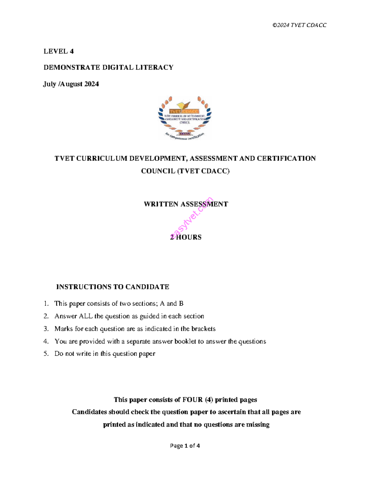 TVET CDACC LEVEL 4 Digital Literacy Written Assessment July 2024 - Studocu