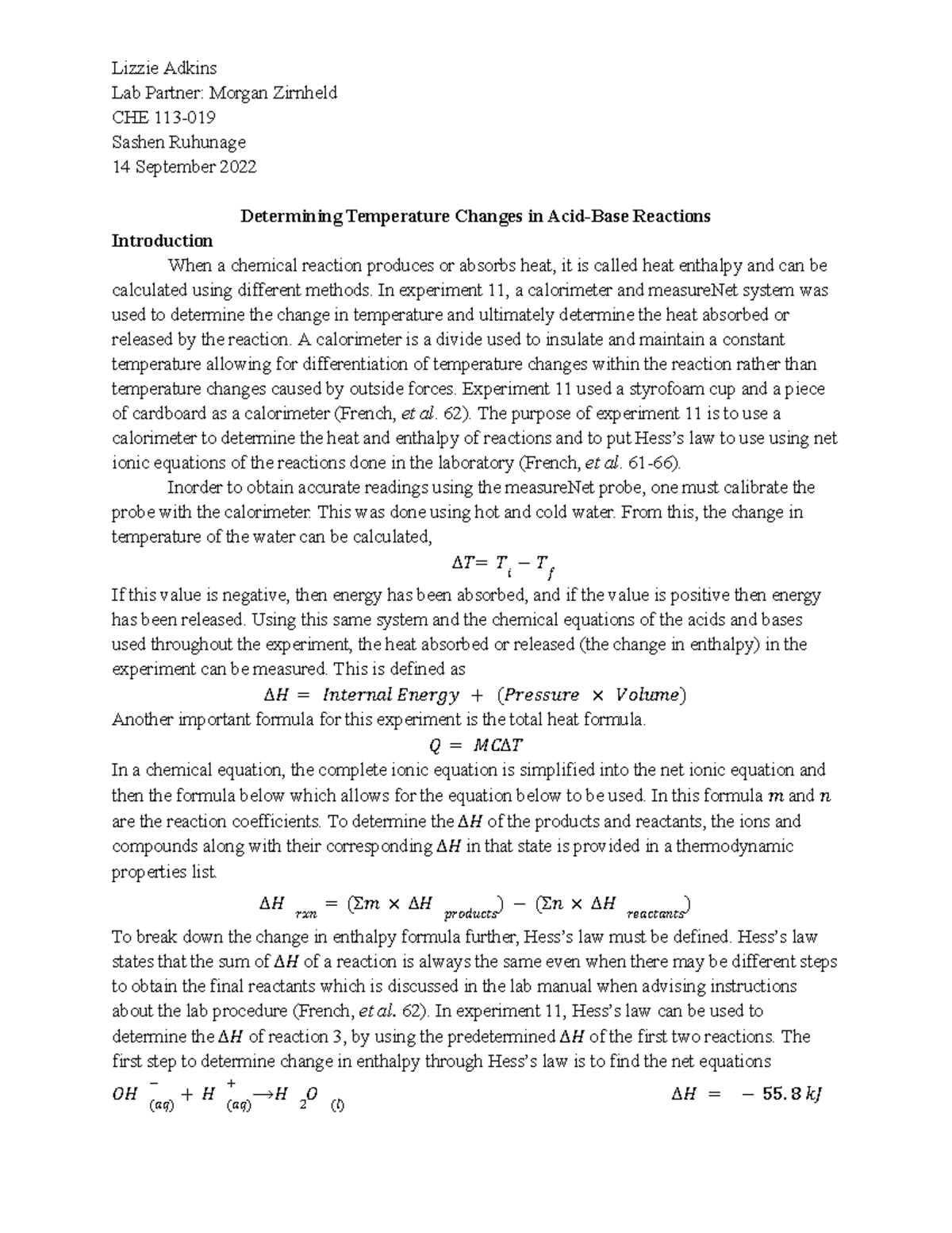Experiment 11: Heat Enthalpy and Temperature Changes in Reactions - CHE ...