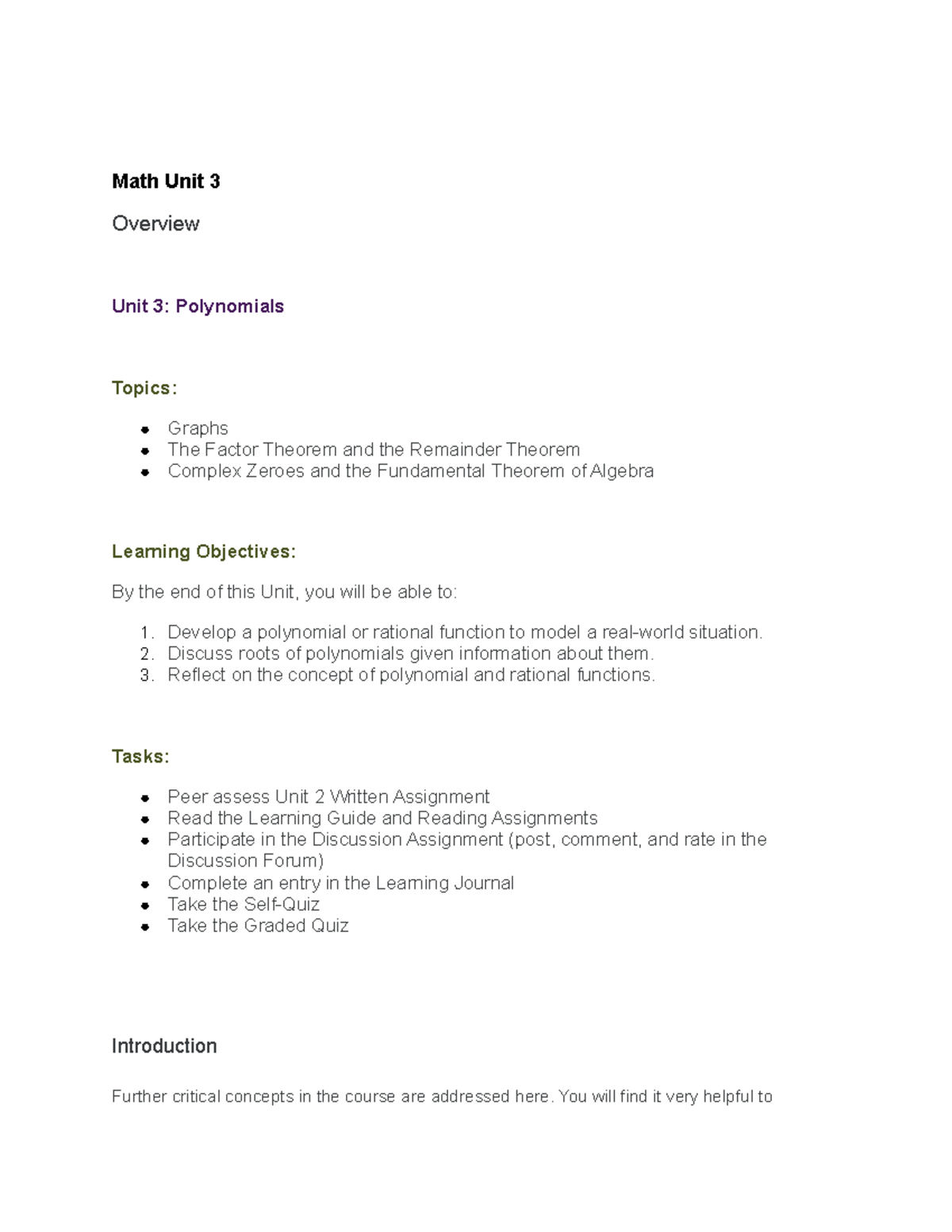 Math unit 3 guide - Math Unit 3 Overview Unit 3: Polynomials Topics ...