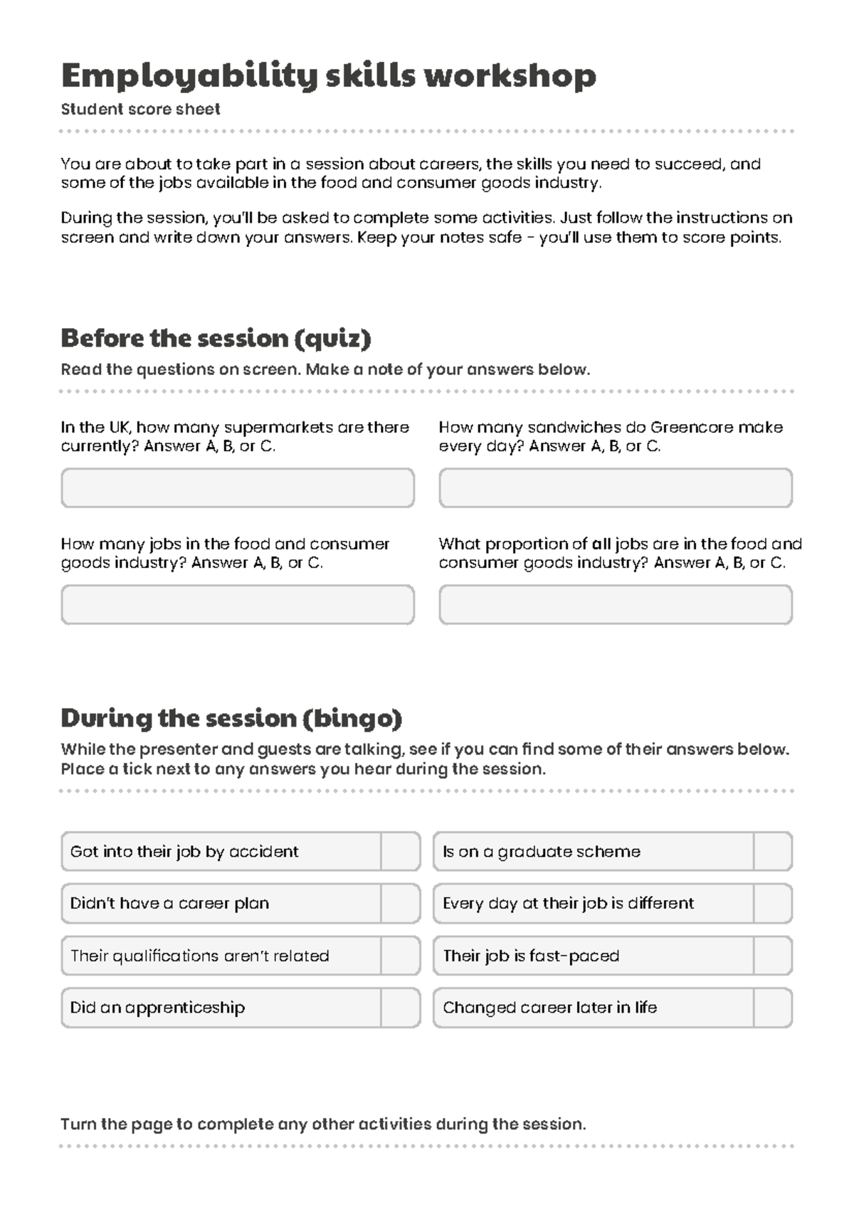 Employability Skills Workshop: Student Score Sheet & Activities 2025 ...