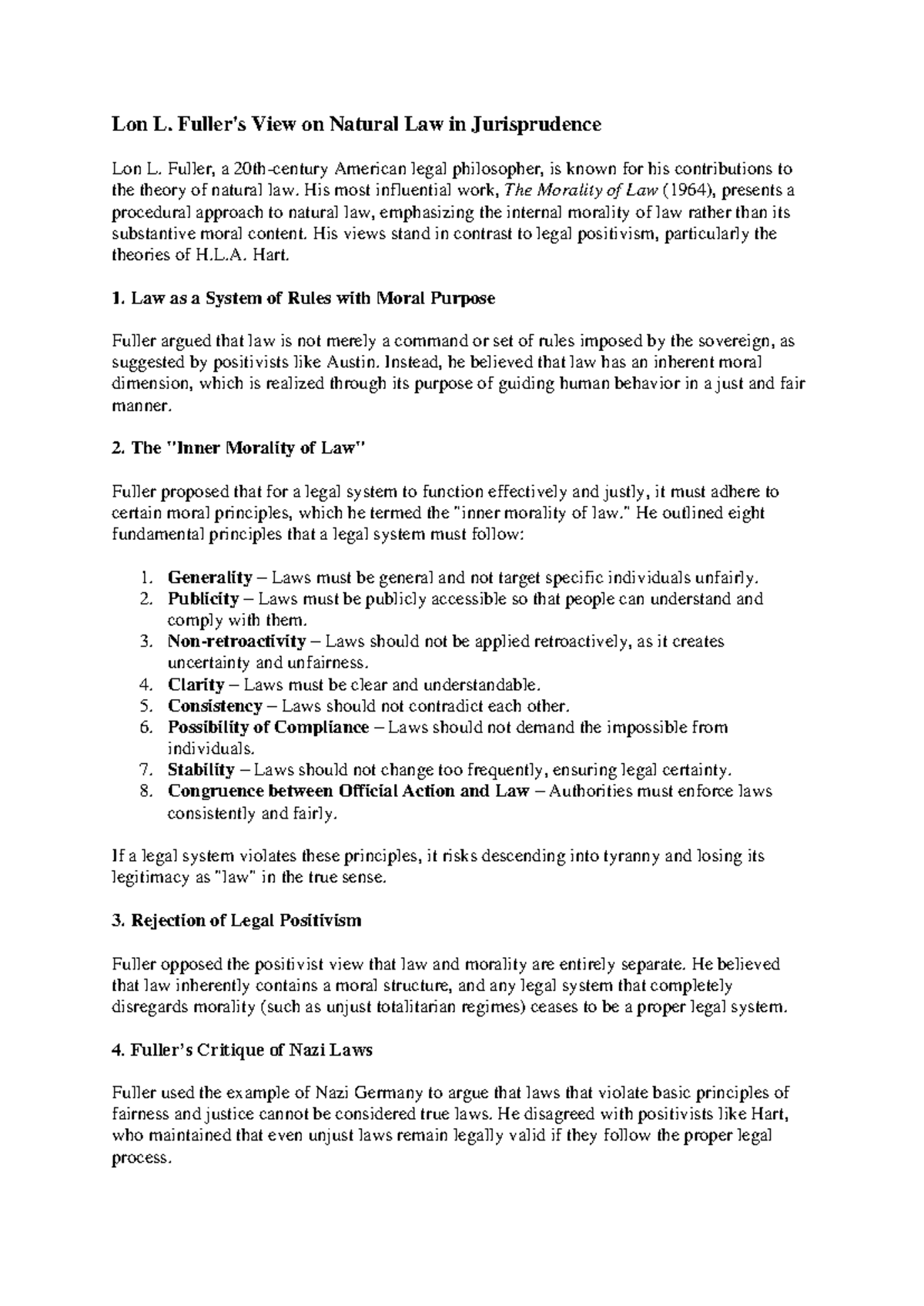 Fuller AND HART - Lon L. Fuller's View on Natural Law in Jurisprudence ...