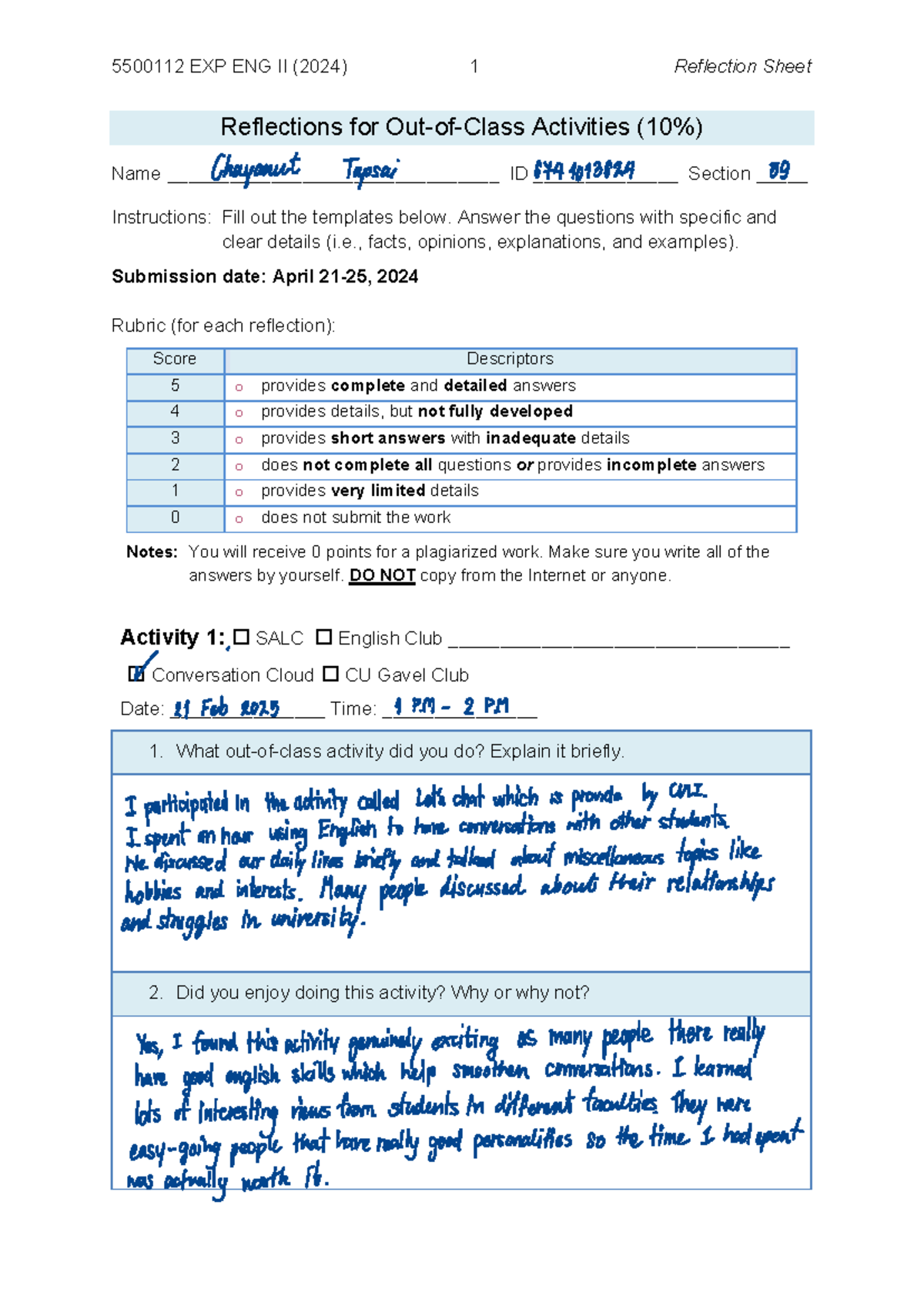 5500112 EXP ENG II (2024) Reflection Sheet for Activities and Learning ...