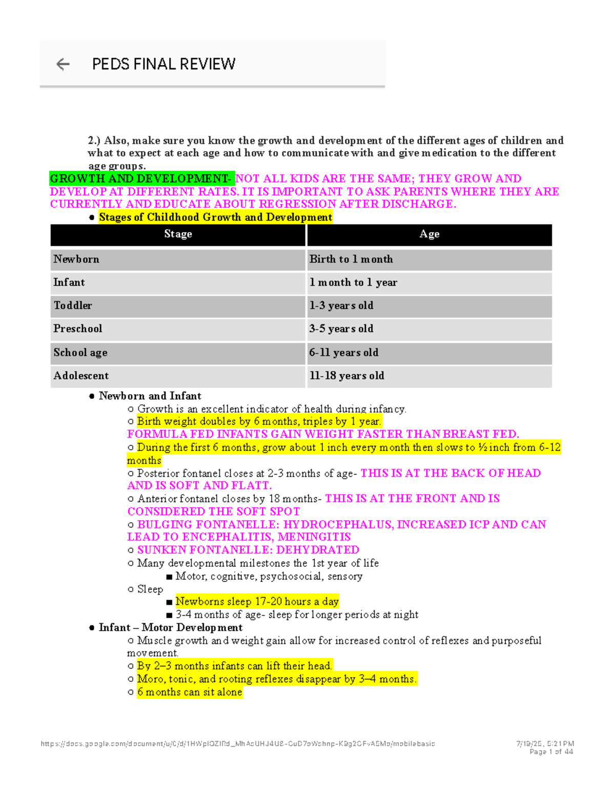 PEDS FINAL REVIEW: Comprehensive Guide to Pediatric Growth ...