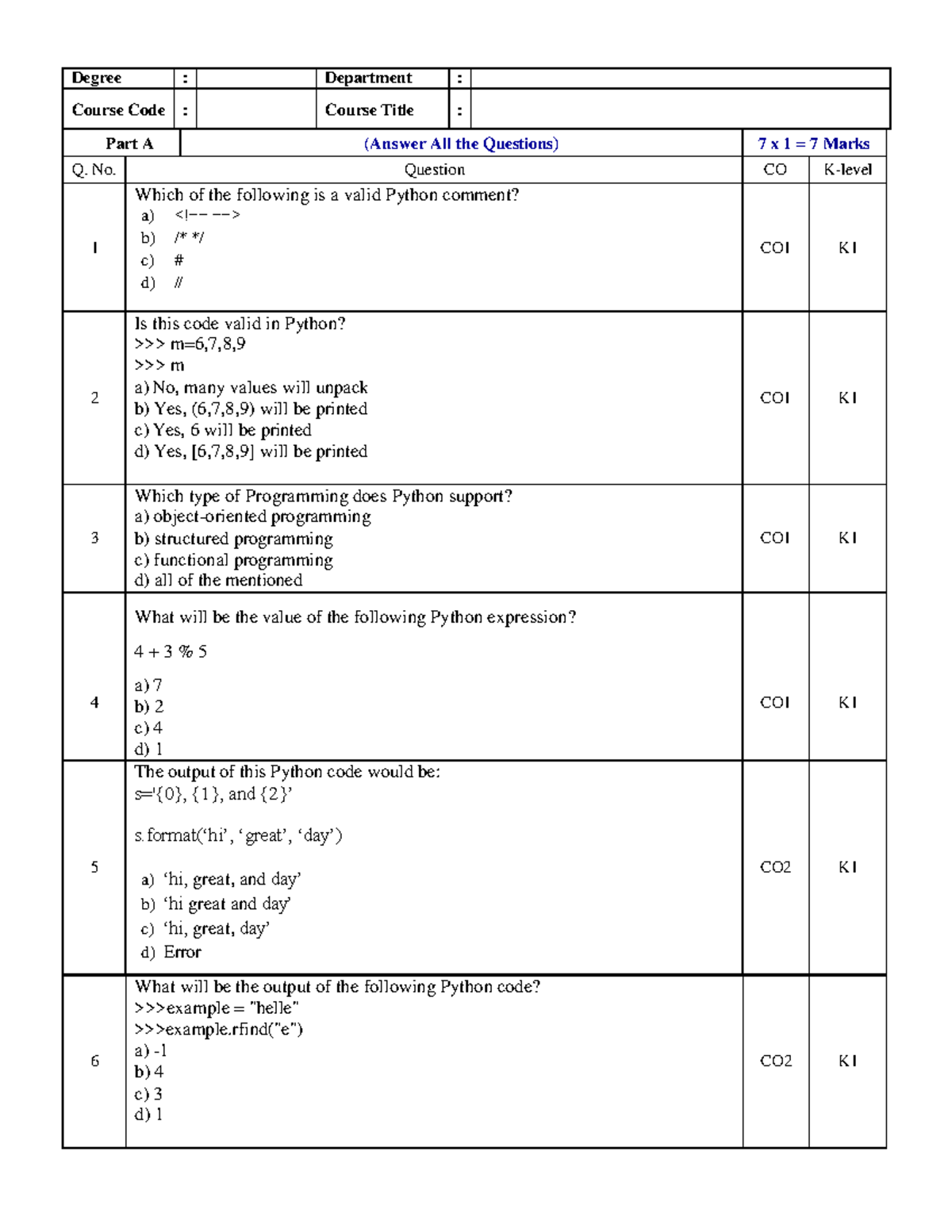 INTERNAL QUESTION BANK: Python Programming Quiz (Course Code: CS101) - Studocu
