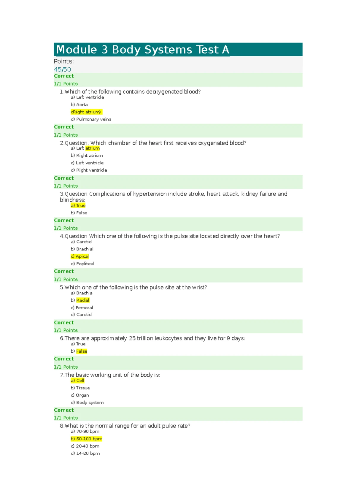 Module 3 Body Systems Test A - Which chamber of the heart first ...